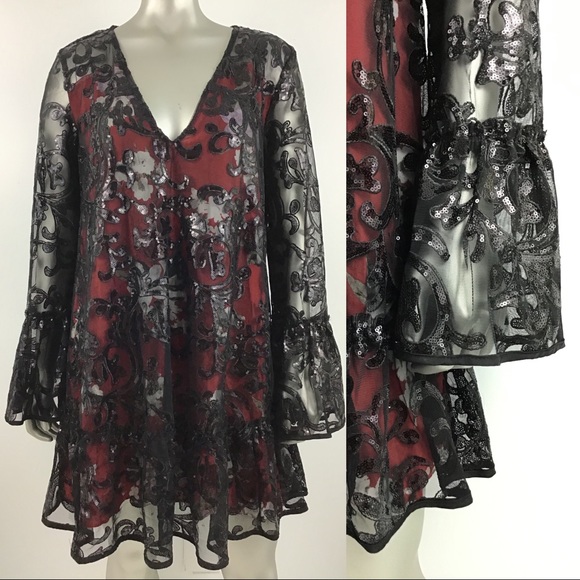 Free People | Dresses | Free People Falling Flower Black Red Frock ...